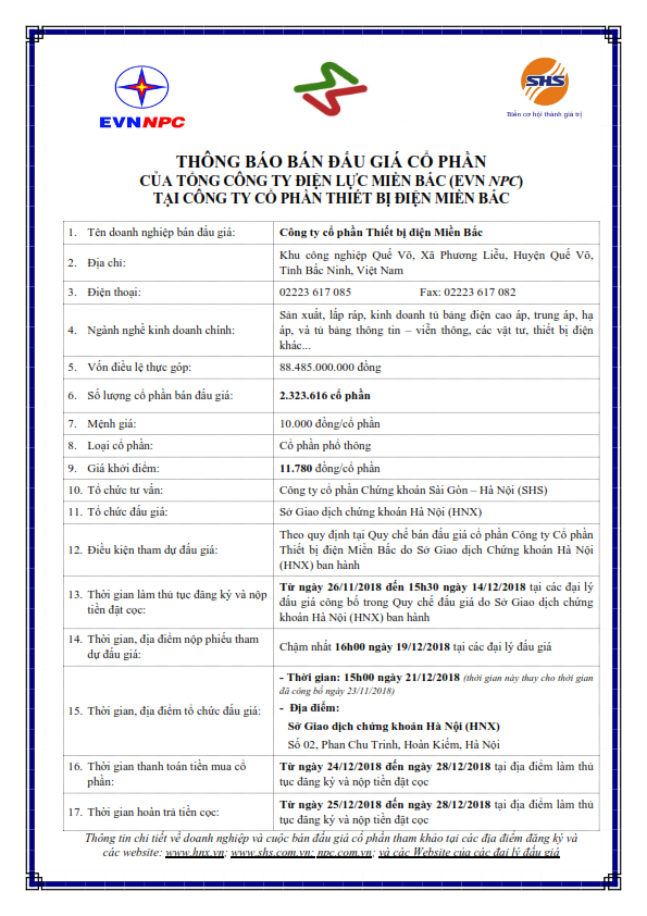 Thông báo bán đấu giá cổ phần của TCT Điện lực miền bắc (EVN NPC) tại ...